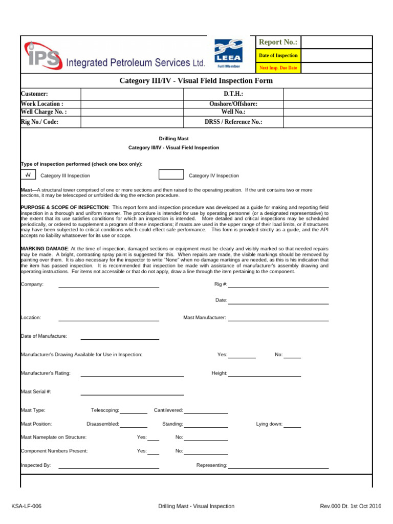 KSA LF 006 Drilling Mast Visual Inspection | PDF