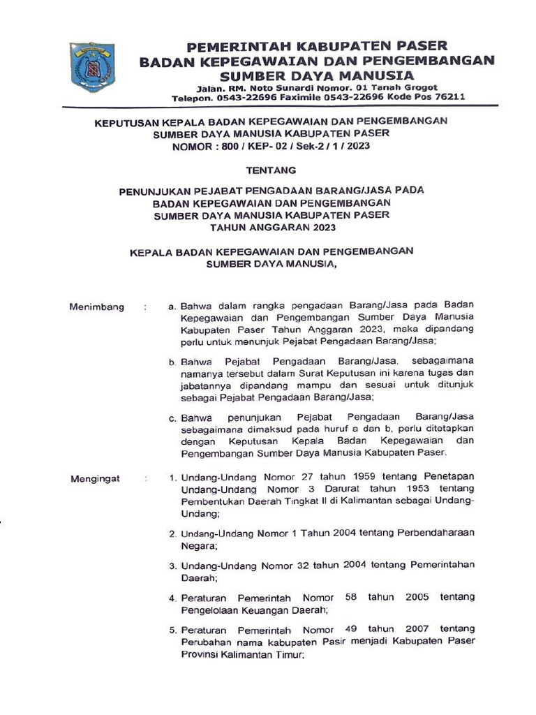 SK Pejabat Pengadaan Barang Dan Jasa | PDF