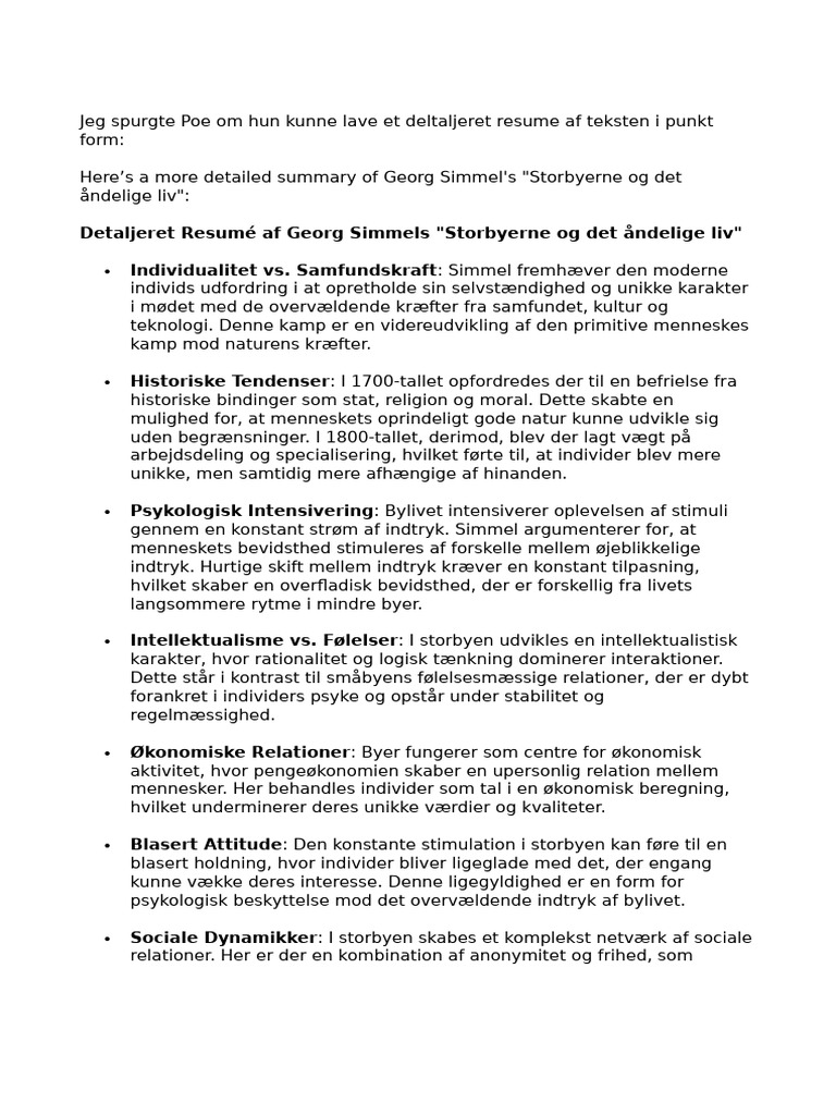 Resumé Af Georg Simmels "Storbyerne Og Det Åndelige Liv" | PDF