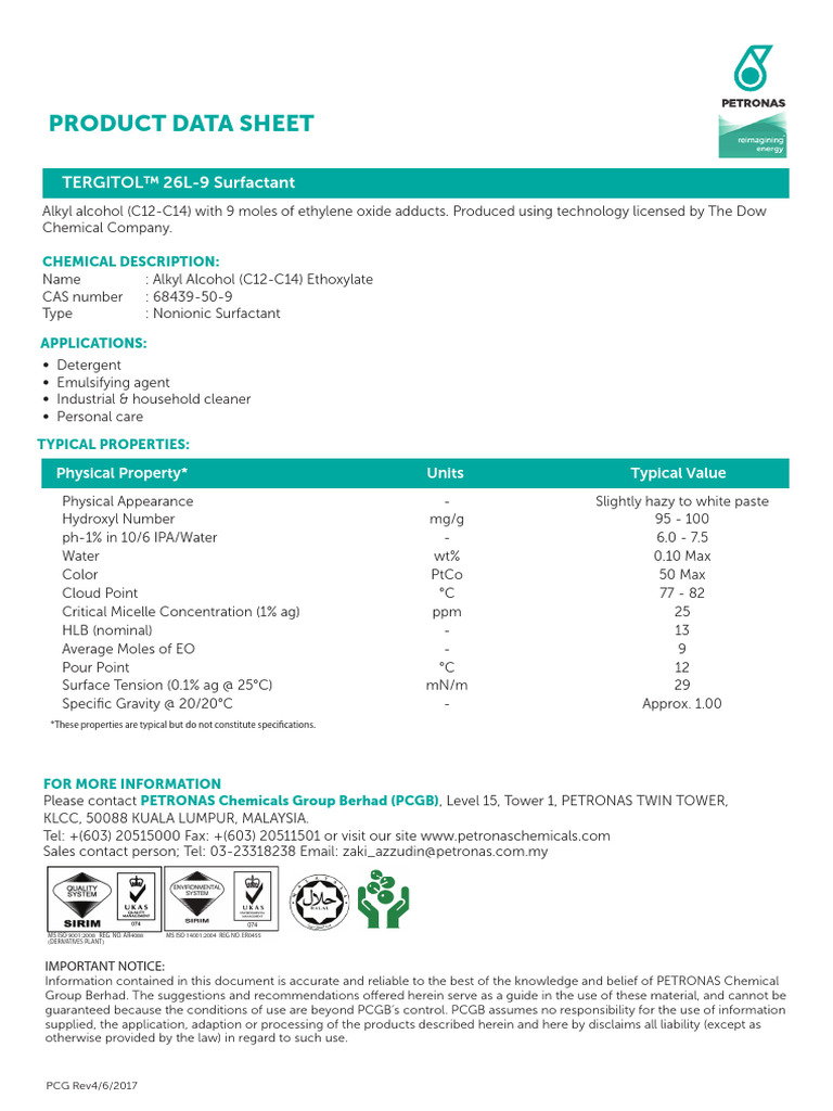 Product Sheet Tergitol 26l 9 | PDF