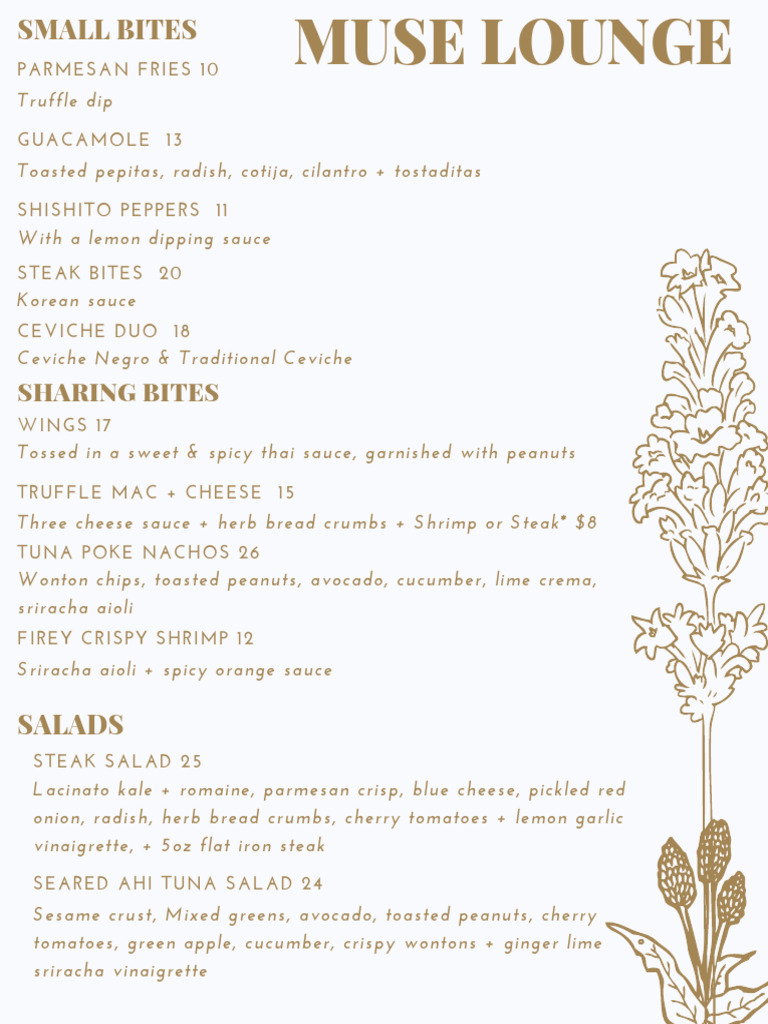 Muse Lounge Menu Highlights | PDF | Sauce | Salad