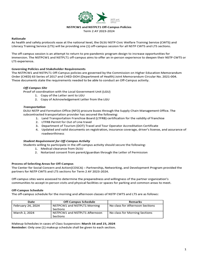 5 NSTPCW1 and NSTPLT1 Off Campus Policy Term 2 AY 2023 2024 | PDF
