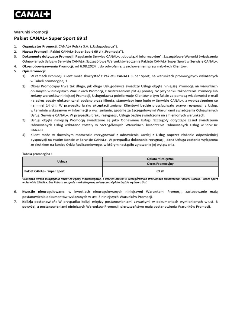 CANAL+ WP Pakiet C+ Super Sport - 69 ZL - 06082024 | PDF