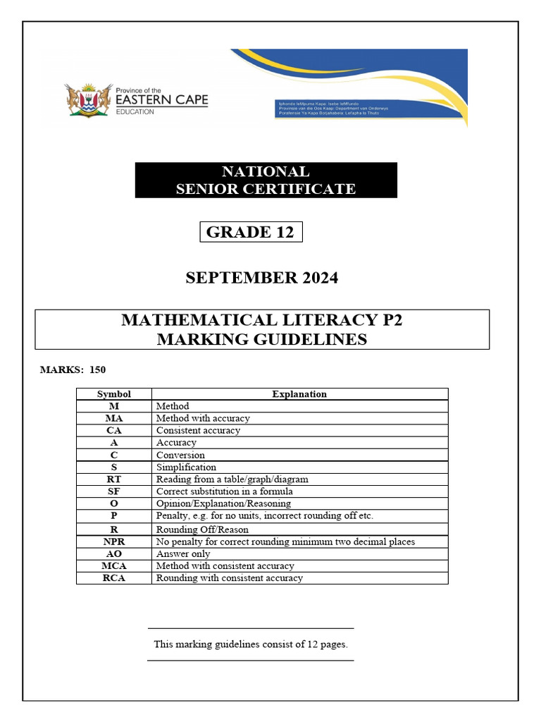 Maths Lit p2 Grade 12 Memo Sept 2024 - English | PDF