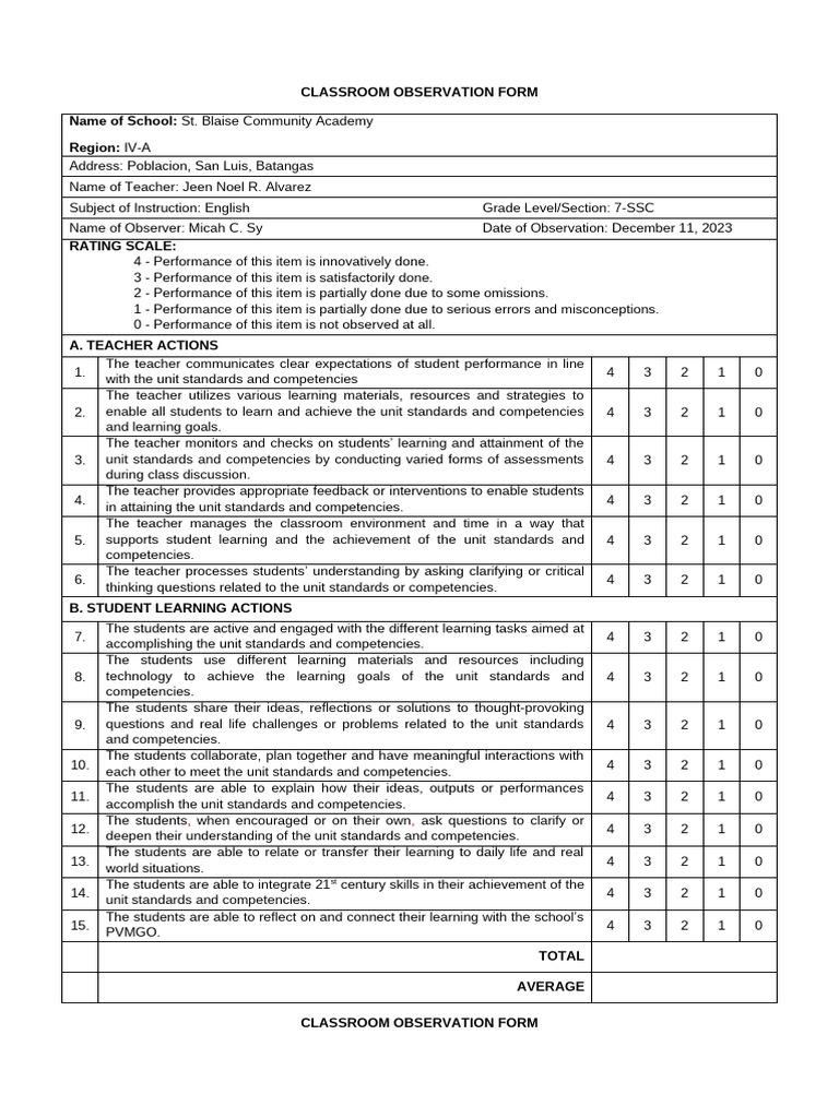 Classroom Observation Form | PDF
