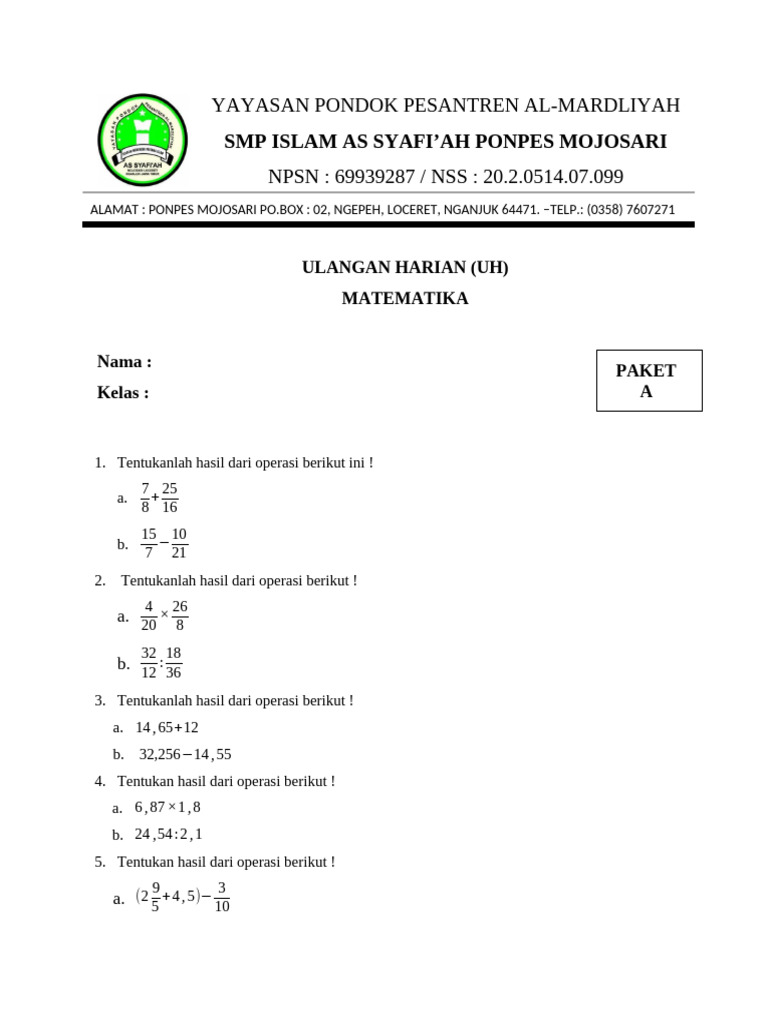 UH 2 MTK Kelas 7 Bab Bilangan Rasional | PDF