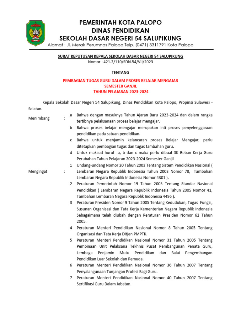 SK PEMBAGIAN TUGAS GURU 2023-2024 Semester 1 | PDF