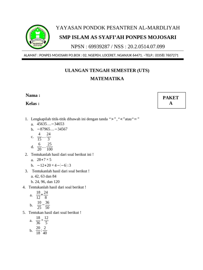 UTS MTK Kelas 7 | PDF