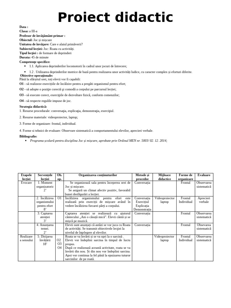Proiect Didactic Joc Si Miscare cl.3 | PDF