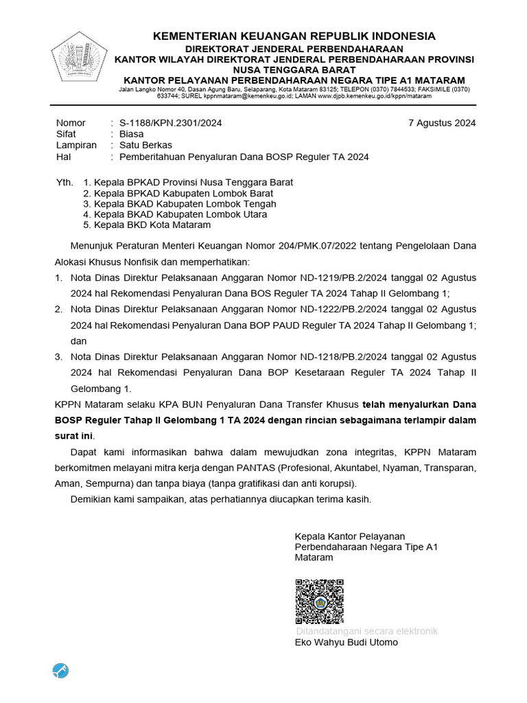 S-1188 - Pemberitahuan Penyaluran Dana BOSP Reguler TA 2024pdf | PDF