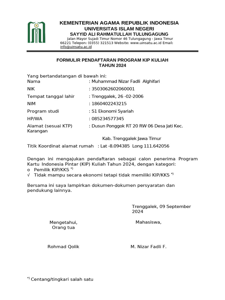 Form Pengajuan KIP-K 2024 | PDF