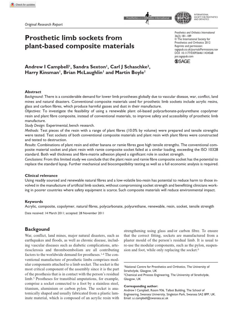 Campbell Et Al 2012 Prosthetic Limb Sockets From Plant Based Composite ...