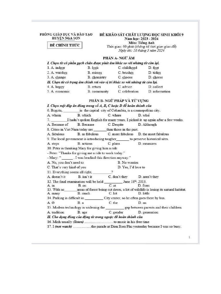 De Khao Sat Chat Luong Mon Tieng Anh 9 Huyen Nga Son Nam Hoc 20232024 | PDF