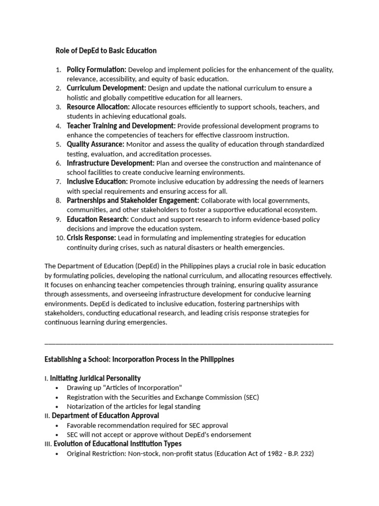 Role of DepEd To Basic Education | PDF