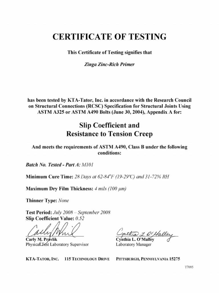 2.1 - Certificate Slip Coefficient (KTA - TATOR) (US) | PDF