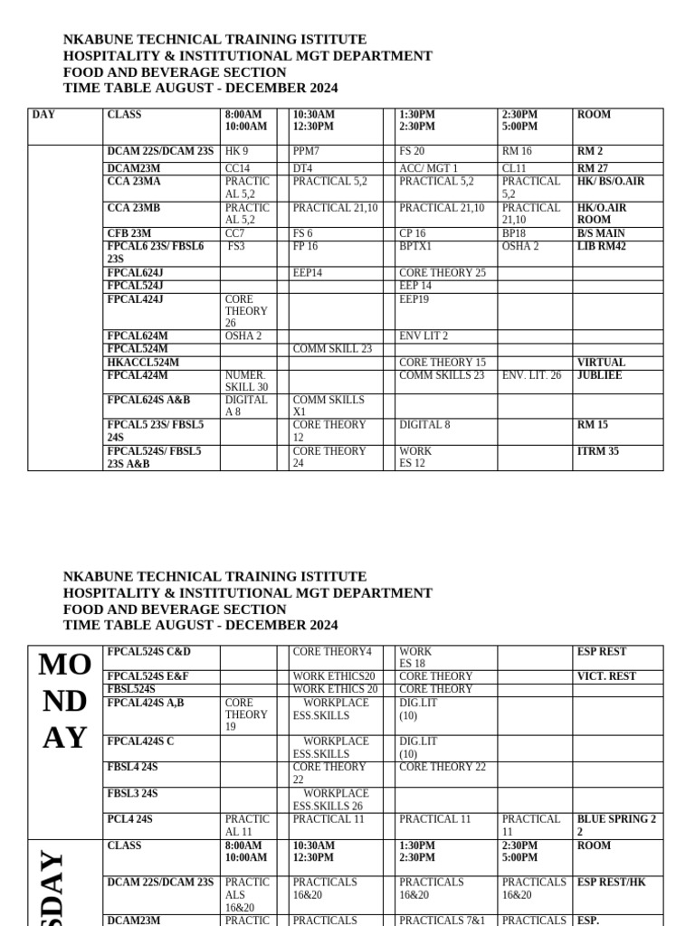 Food & Beverage Timetable August - Dec 2024 | PDF