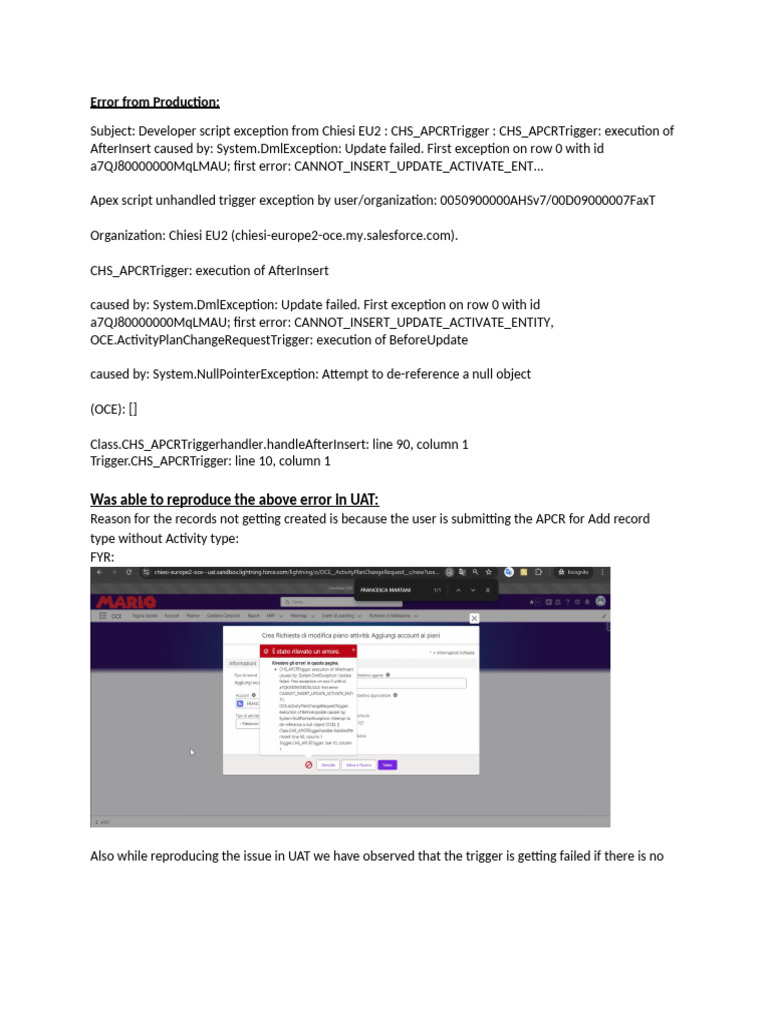 Error From Production - Reproduced in UAT - Fix To Be Applied | PDF