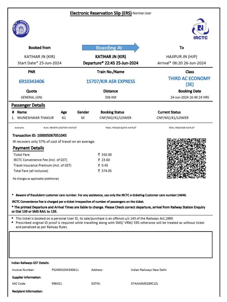 15707/kir Asr Express Third Ac Economy (3E) | PDF