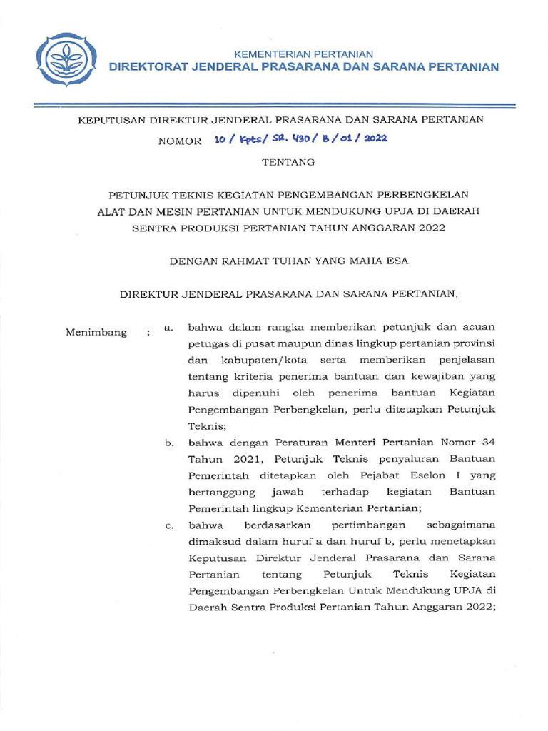 Petunjuk Teknis Kegiatan Pengembangan Perbengkelan Alsintan Mendukung ...