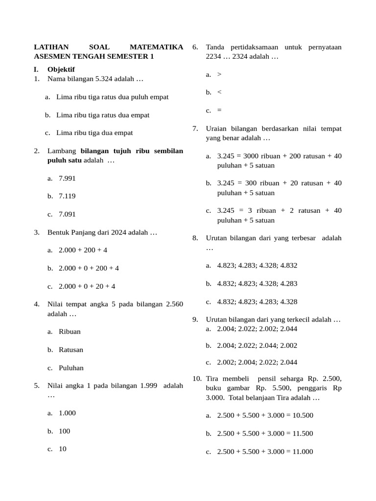 Latihan Soal ATS 1 MTK Keenan | PDF