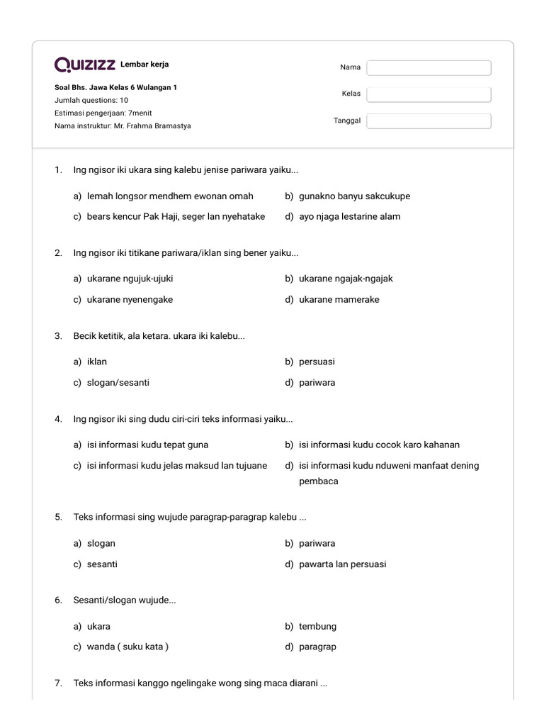 Soal Bhs. Jawa Kelas 6 Wulangan 1 - Quizizz | PDF