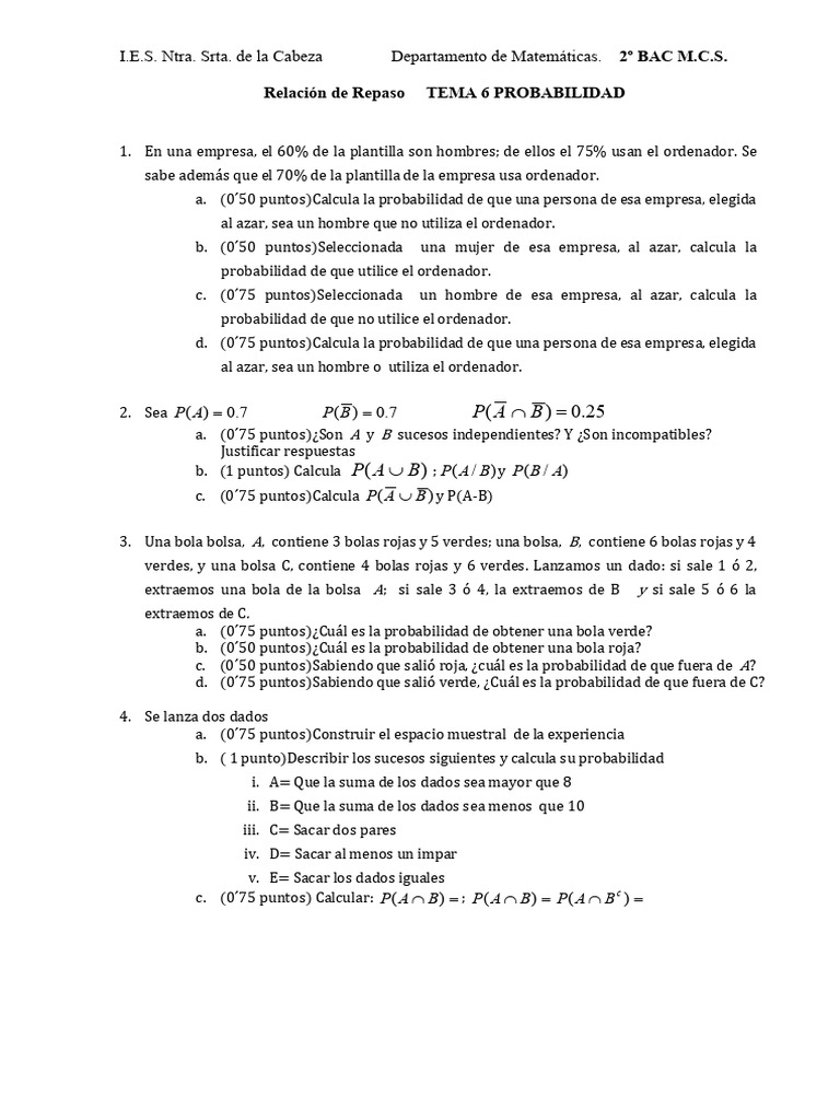 Relación de Repaso Tema 6 Probabilidad | PDF