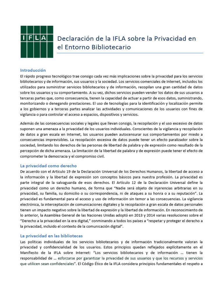 Ifla Statement On Privacy in The Library Environment Es | PDF