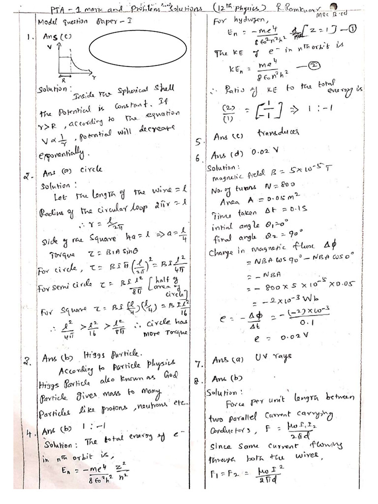 12th Physics Pta Question Answer Keys em 217857 | PDF