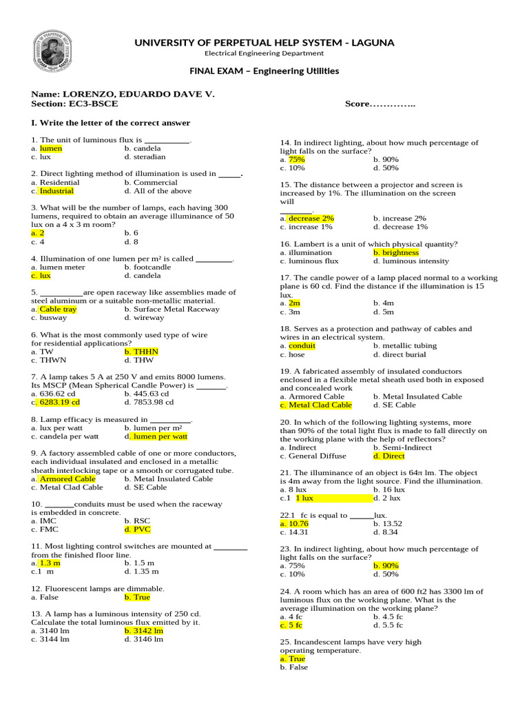 Engineering Utilities Finals Exam | PDF