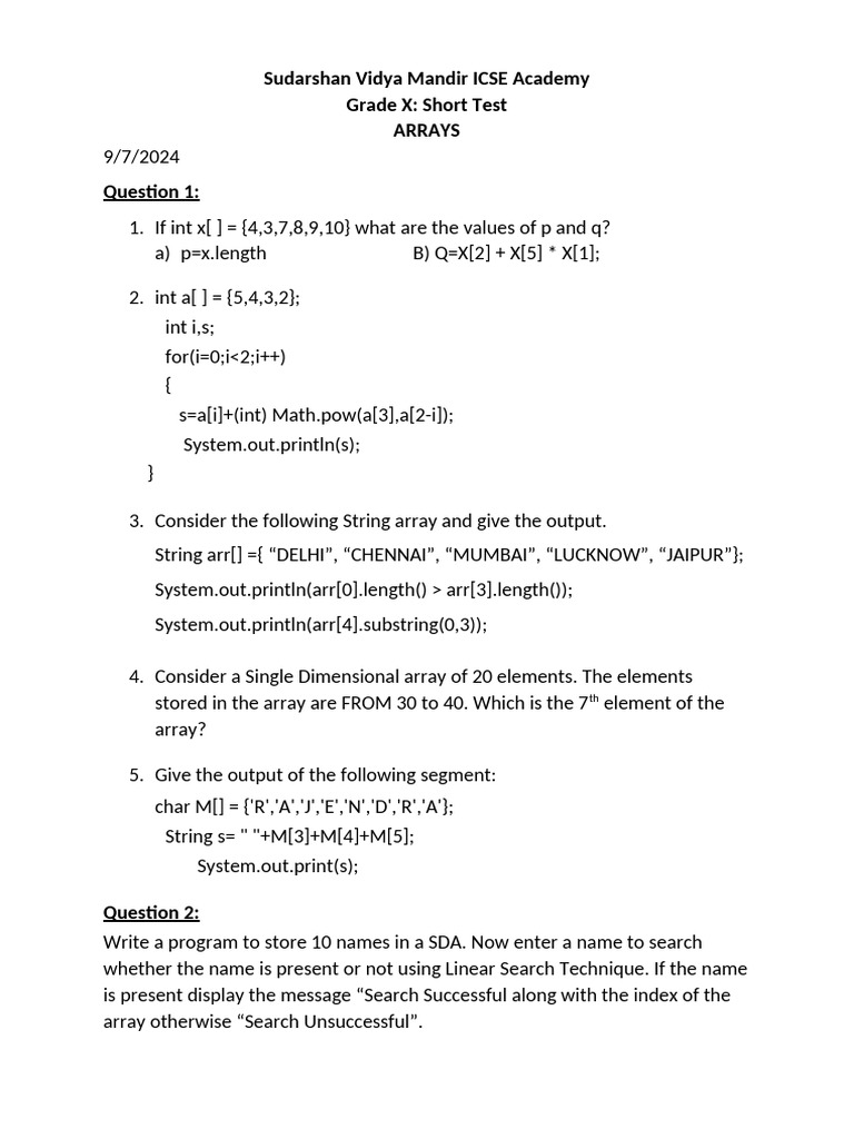 Short Test (Arrays) | PDF