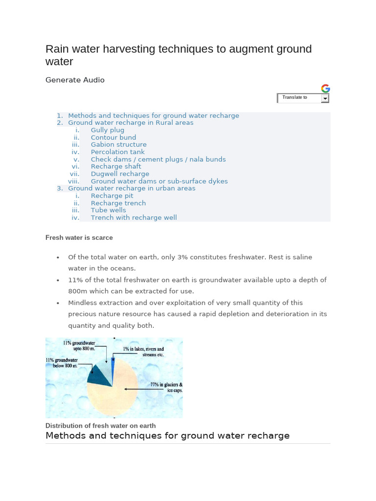 Rain Water Harvesting Techniques To Augment Ground Water | PDF