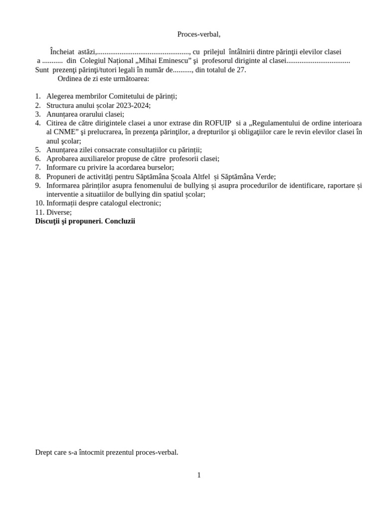 Model de Proces Verbal Sedinta Cu Parintii Septembrie | PDF