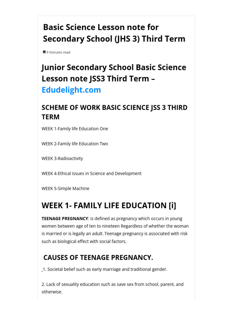 Basic Science Lesson Note For Secondary School (JHS 3) Third Term | PDF