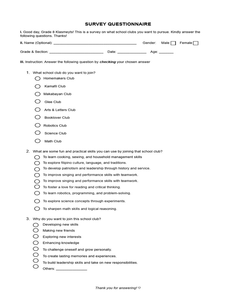 Survey - Questionnaire - 4thQTR FINAL | PDF