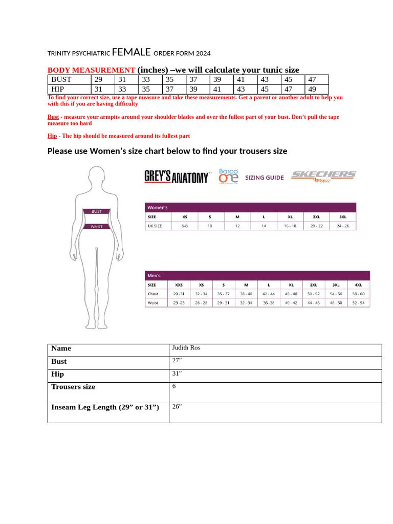 Trinity Psychiatric Female Order Form 2024 | PDF