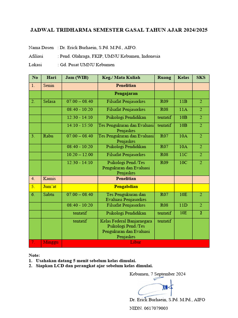 Jadwal Pengajaran Penelitian Pengabdian Tri Dharma Dr Erick Pdf