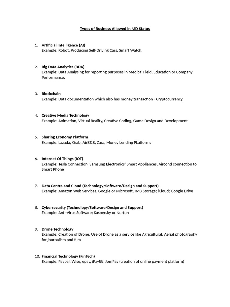 Types of Business Allowed in MD Status | PDF