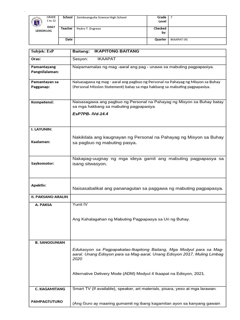 NegOr - EsP7 - Lesson Plan - Q4 - Week 4 | PDF