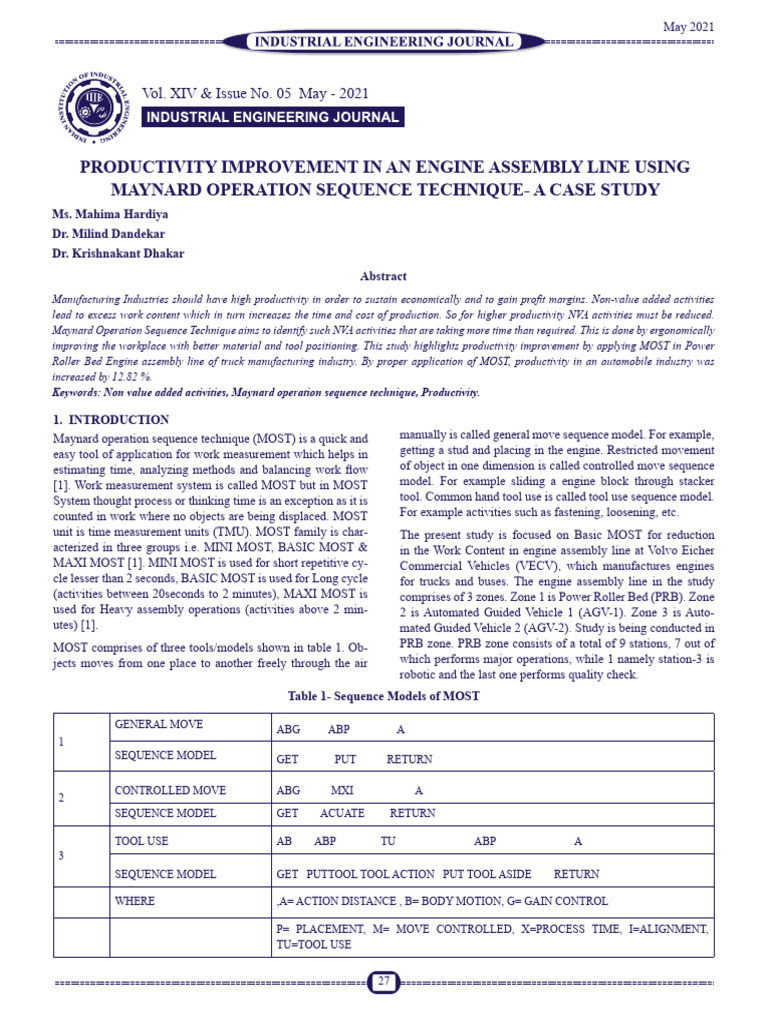 Productivity Improvement in An Engine Assembly Line Using Maynard Operation Sequence Technique-A ...