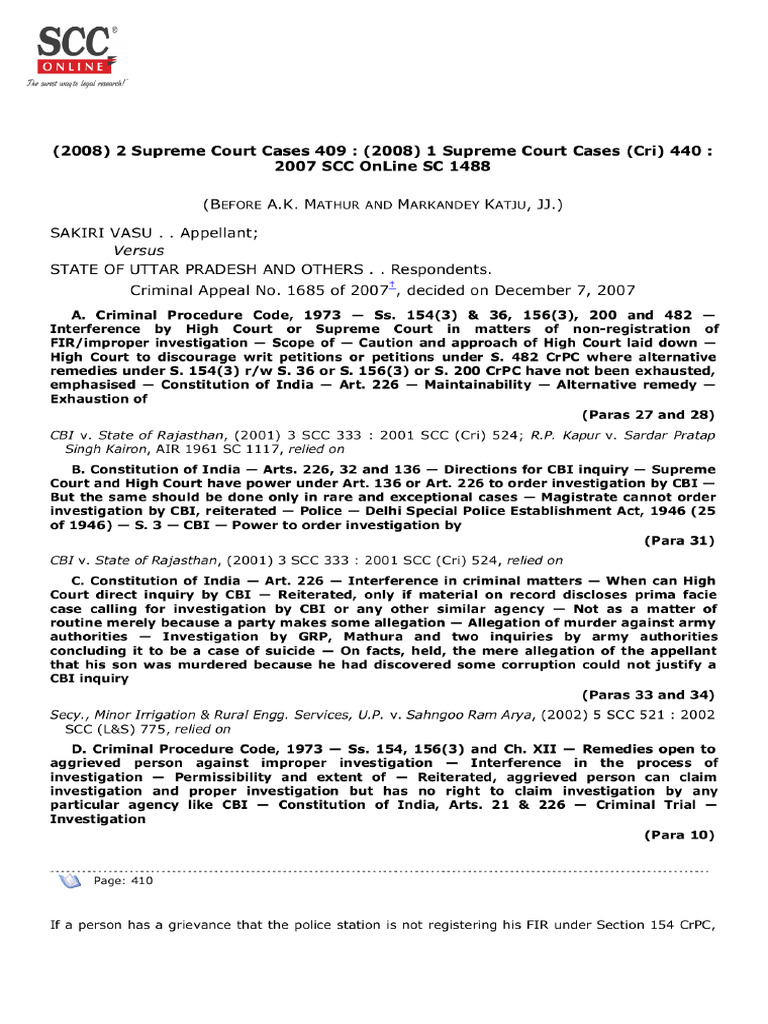 Sakiri Vasu v. State of U.P., (2008) 2 SCC 409 | PDF