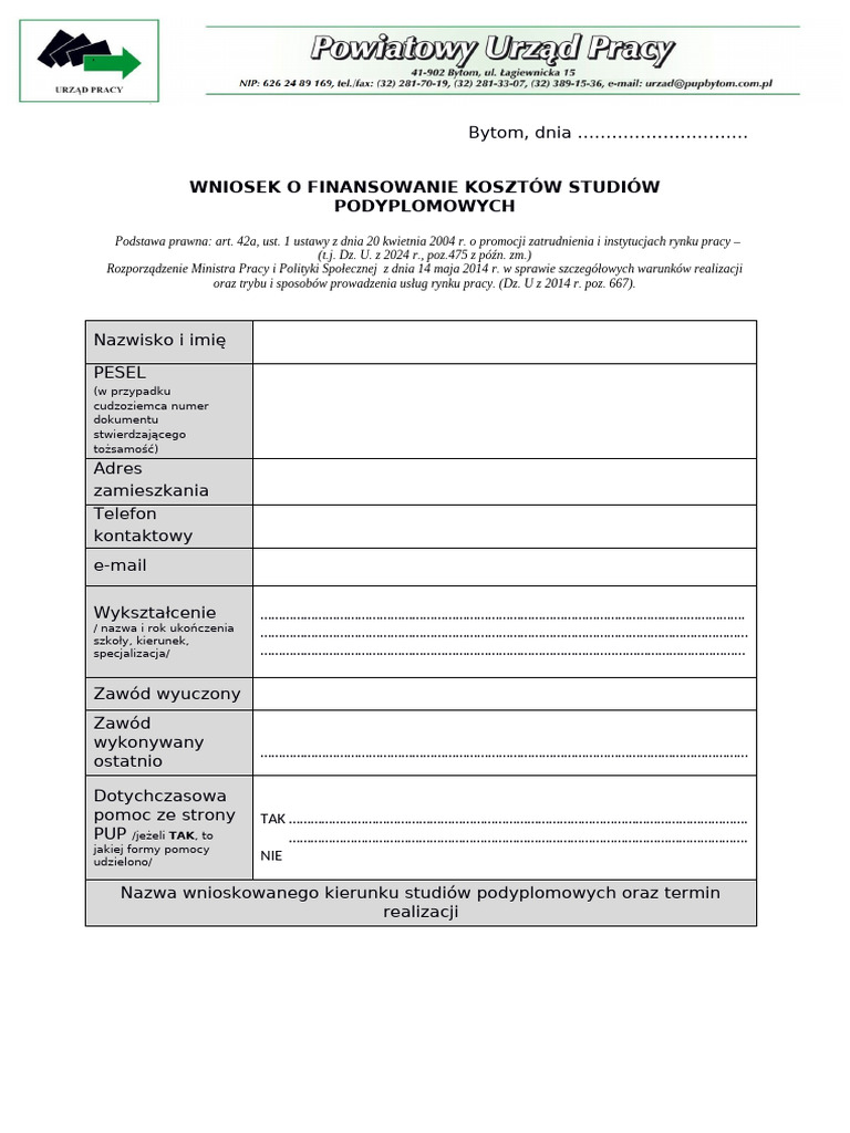 Wniosek o Dofinansowanie Studiów Podyplomowych | PDF