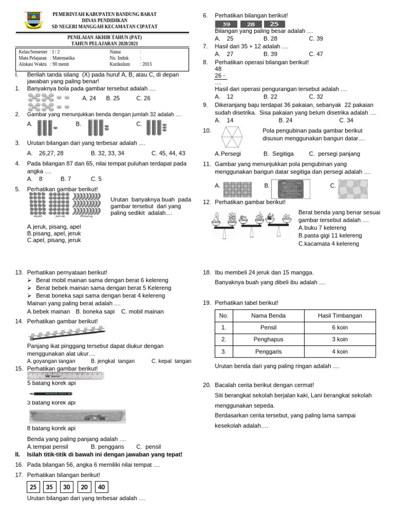 4.1. Master Soal Pat Matematika Semester 2 - Kelas 1 | PDF