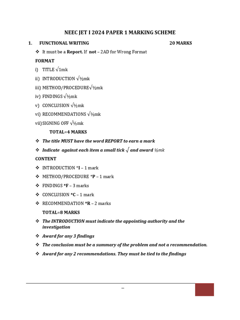 Neec Jet I 2024 Paper 1 Marking Scheme | PDF