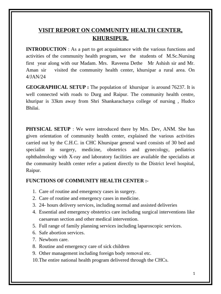 Visit Report On Community Health Center, Khursipur | PDF