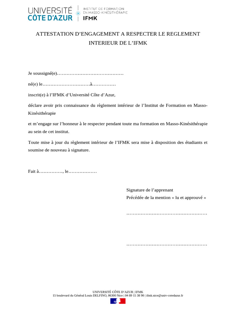 Attestation D'engagement À Respecter Le Réglement Intérieur | PDF
