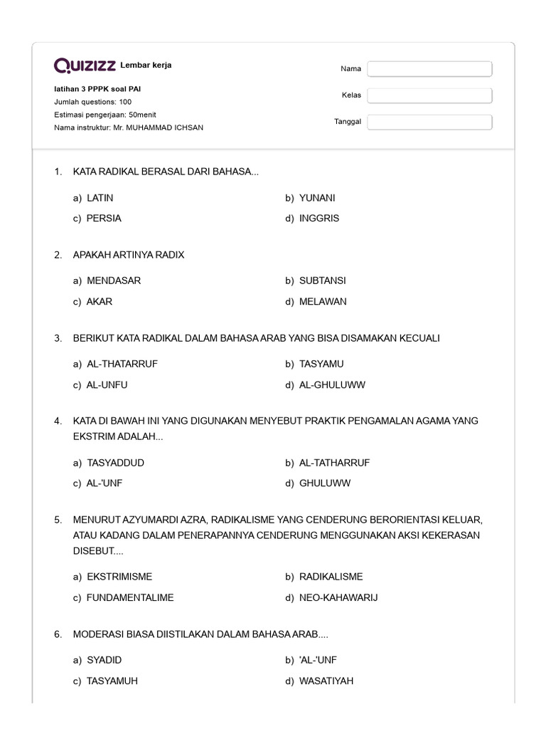 Latihan 3 PPPK Soal PAI - Quizizz | PDF