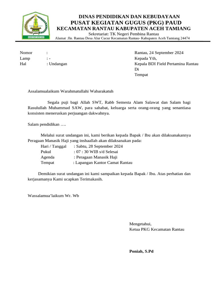 Surat Undangan Peragaan Manasik Hani - PKG Rantau | PDF