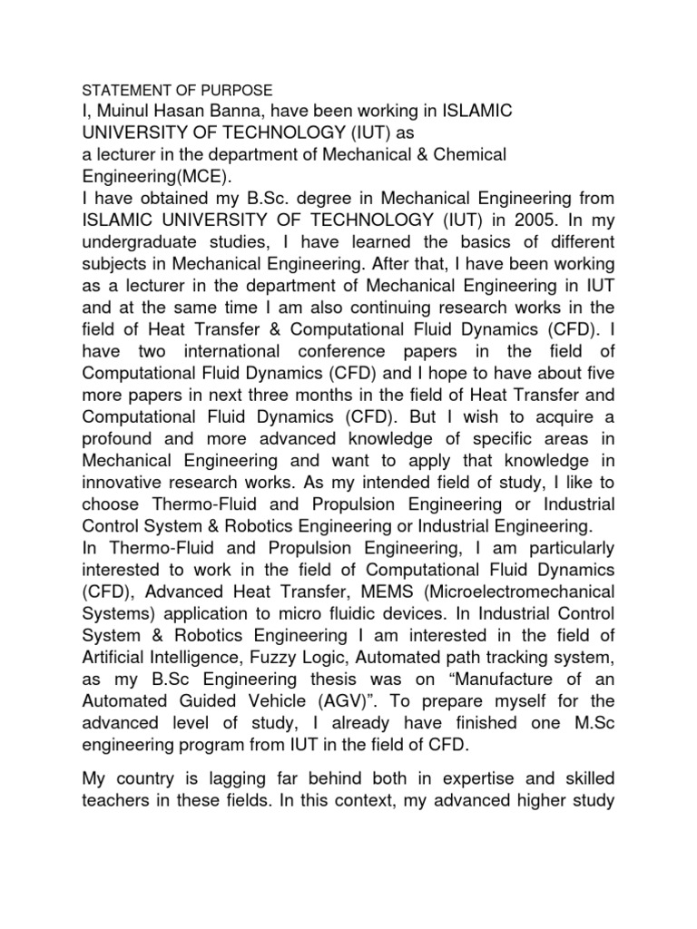 Statement of Purpose for Master's in Engineering | PDF | Mechanical ...