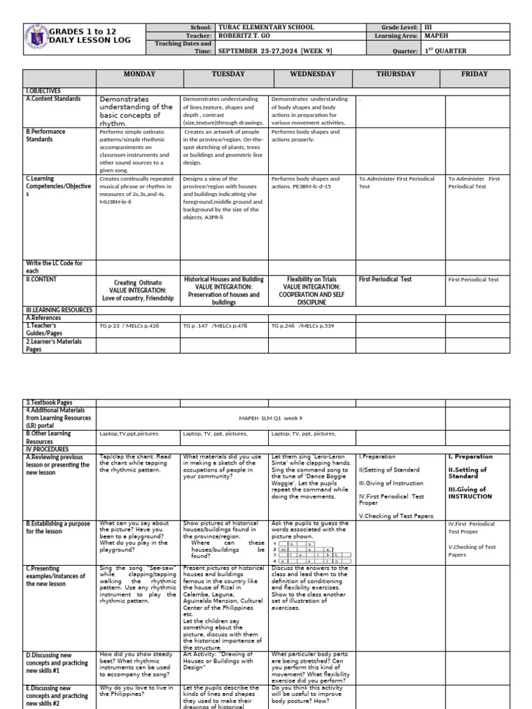 DLL Mapeh-3 Q1 W9 | PDF