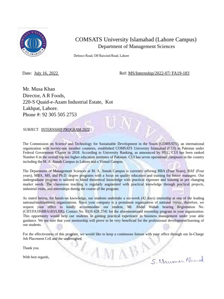 Internship Letter 2022-Abdul Wahab-CIIT-FA19-BBA-183-LHR | PDF ...